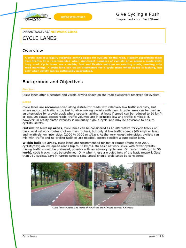 01 Presto Infrastructure Fact Sheet On Cycle Lanes 1 | PDF | Cycling ...