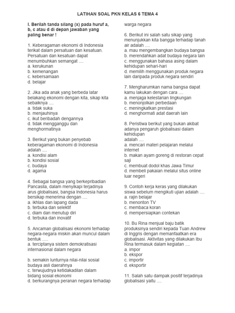 Latihan Soal PKN Kelas 6 Tema 4 | PDF