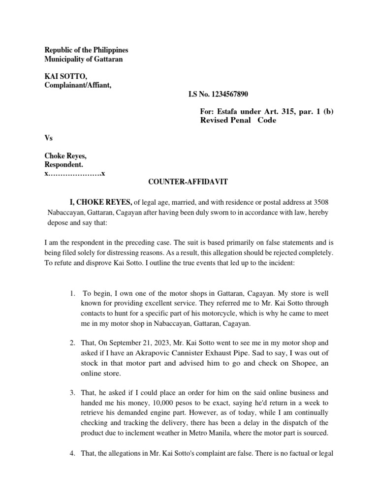 Counter-Affidavit in Estafa Case | PDF | Fraud | Affidavit