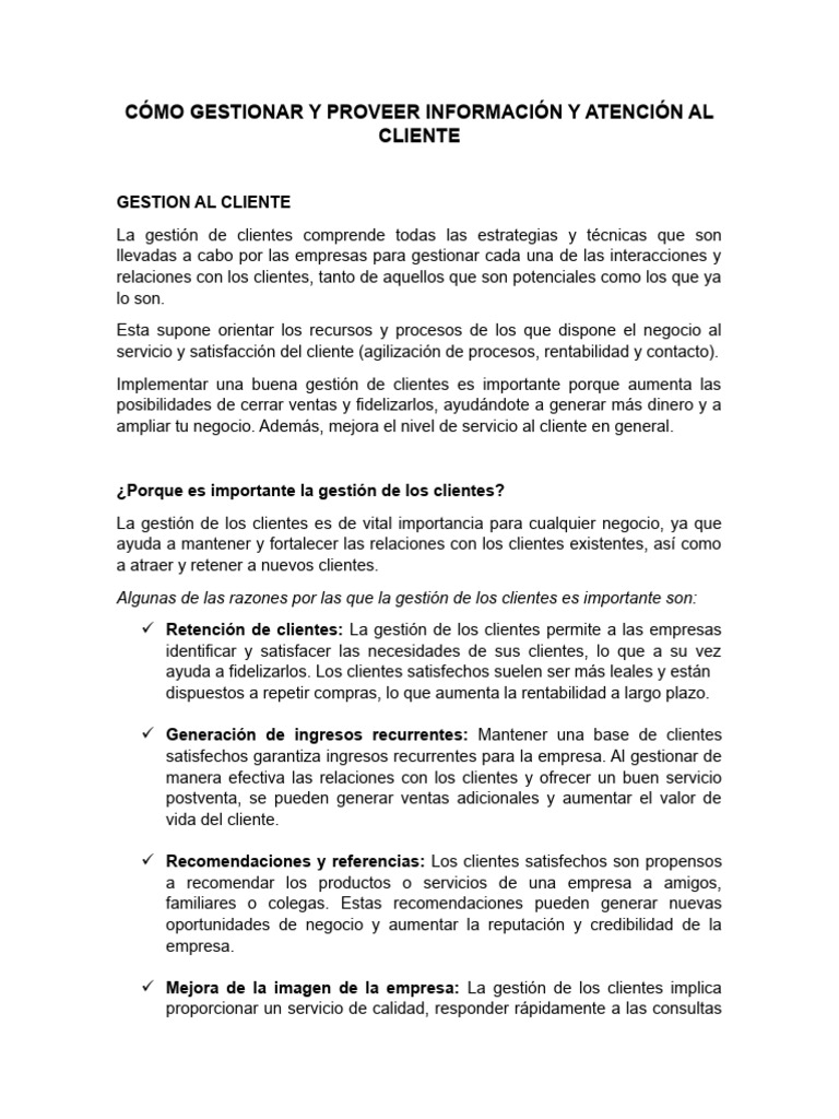 Cómo Gestionar y Proveer Información y Atención Al Cliente | PDF ...
