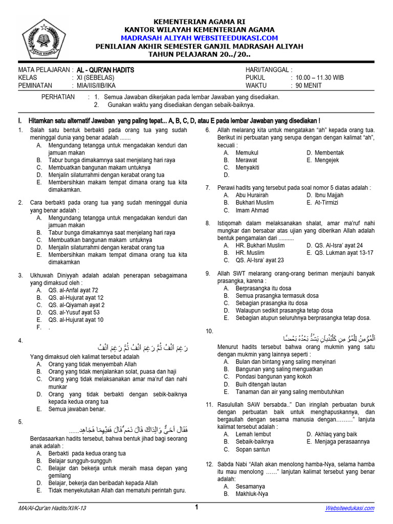 Soal PAS Al-Qur - An Hadits Kelas XI K13 | PDF