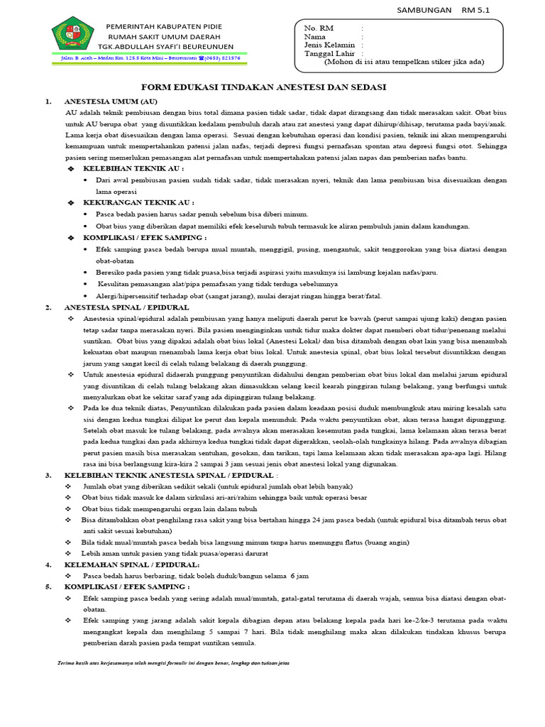 Rm. 5.1 Form Edukasi Tindakan Anestesi Dan Sedasi 1 | PDF