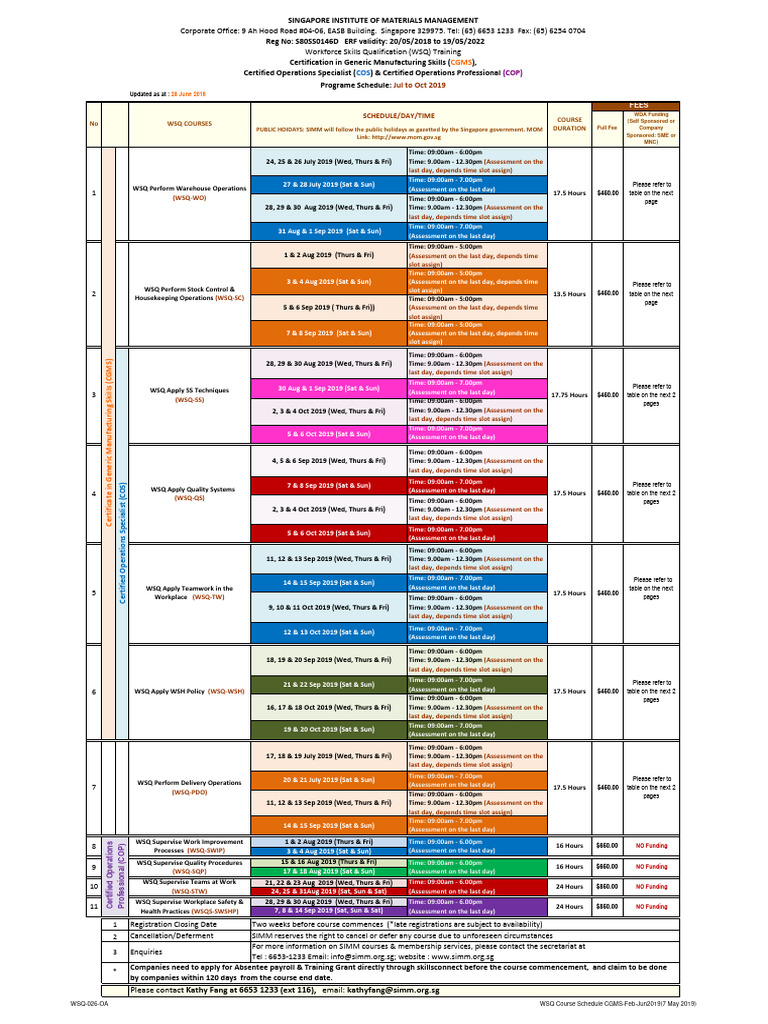 WSQ Course Schedule CGMS-Jul-Sep2019 (28jun2019) +TRGGT | PDF | Health ...