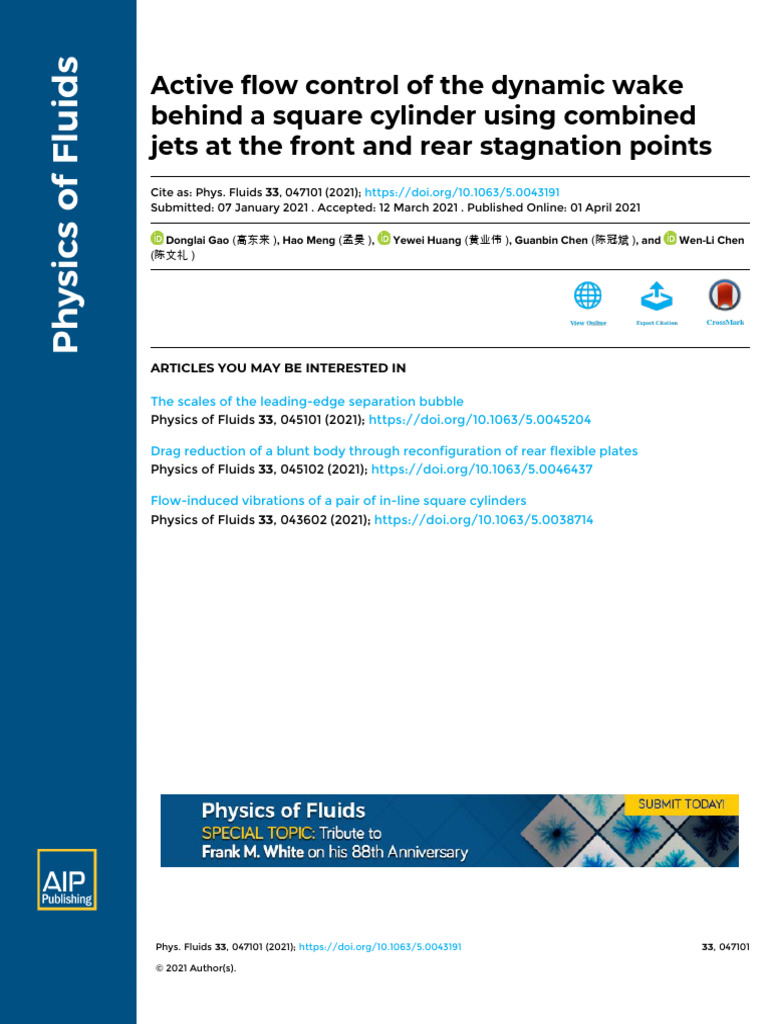 Active Flow Control of The Dynamic Wake Behind A Square Cylinder Using Combined Jets at The ...