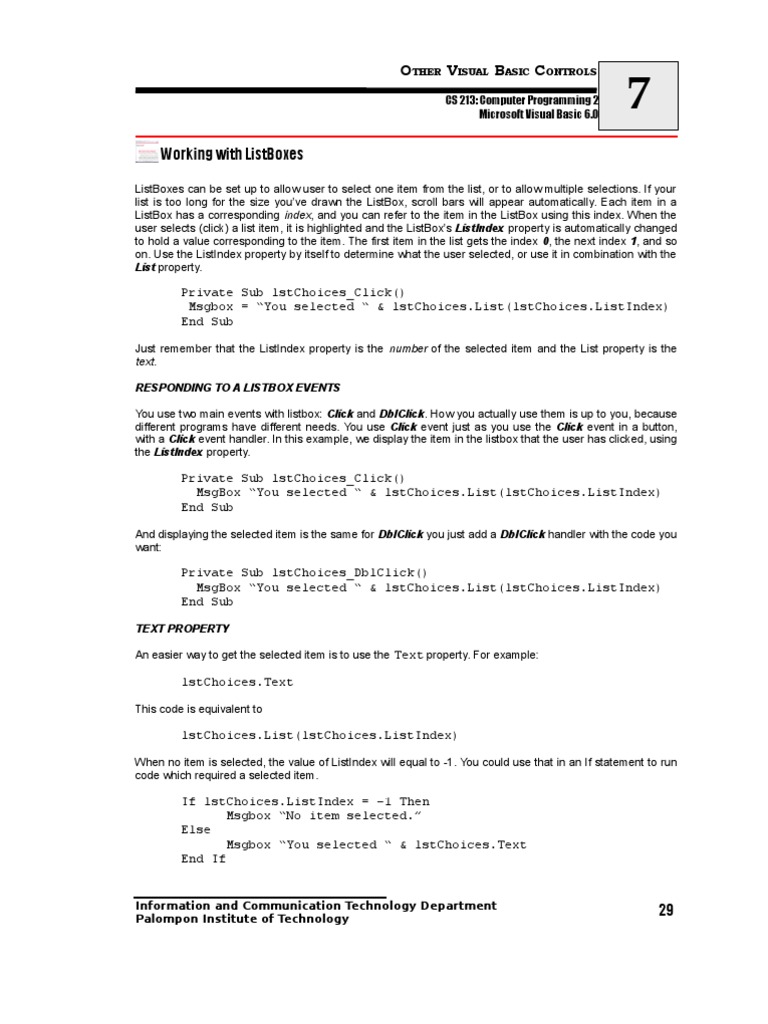 Listbox Combobox Checkbox Optionbuttons And Timercontrol Pdf Button Computing Basic