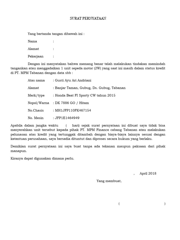 Surat Pernyataan Debitur | PDF