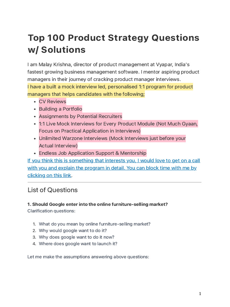 Top 100 Product Strategy Questions W Solutions | PDF | Android ...