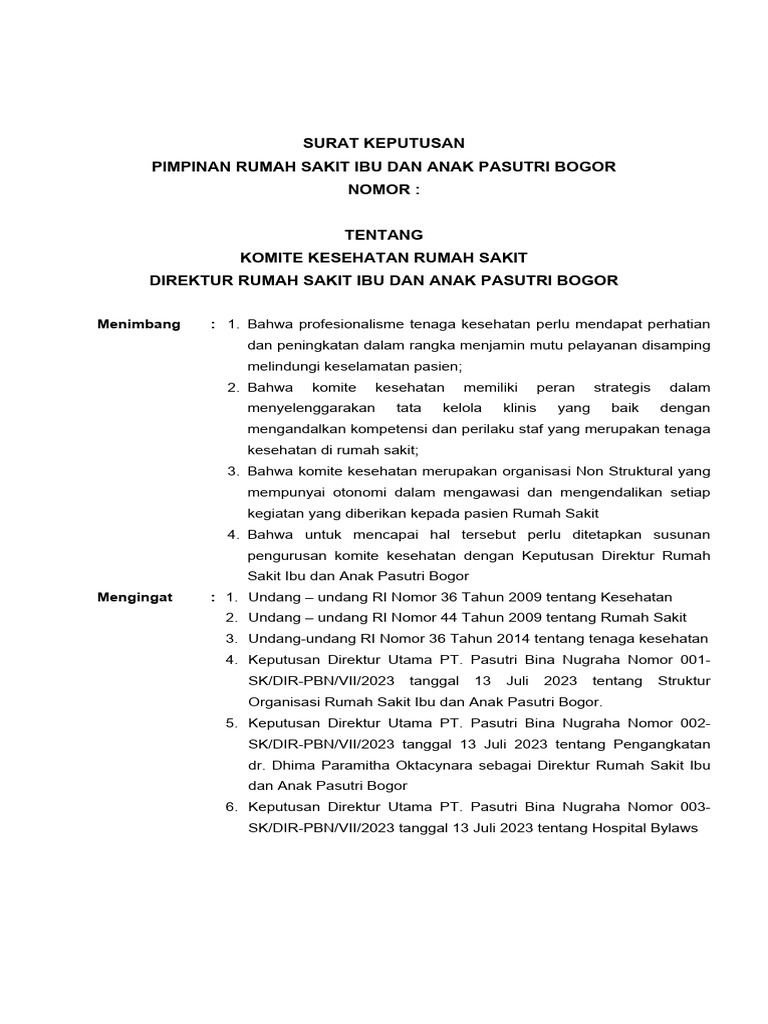SK Pengangkatan Komite Keperawatan Rsia Pasutri Bogor Edit | PDF | Kesehatan Holistik
