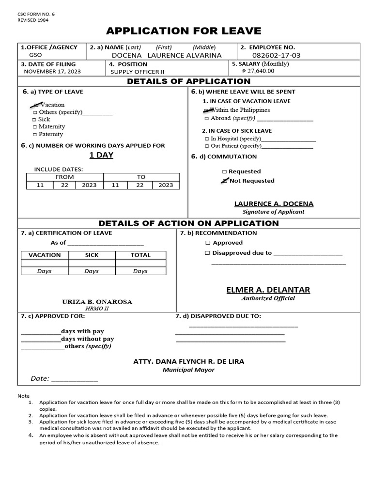 Leave Application Form CSC No. 6 | PDF | Sick Leave | Social Programs