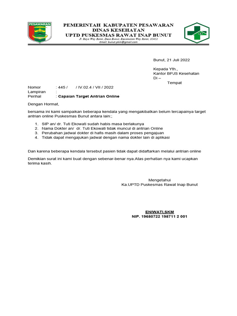 SURAT Kendala Antrian Online (PKM Bunut) | PDF