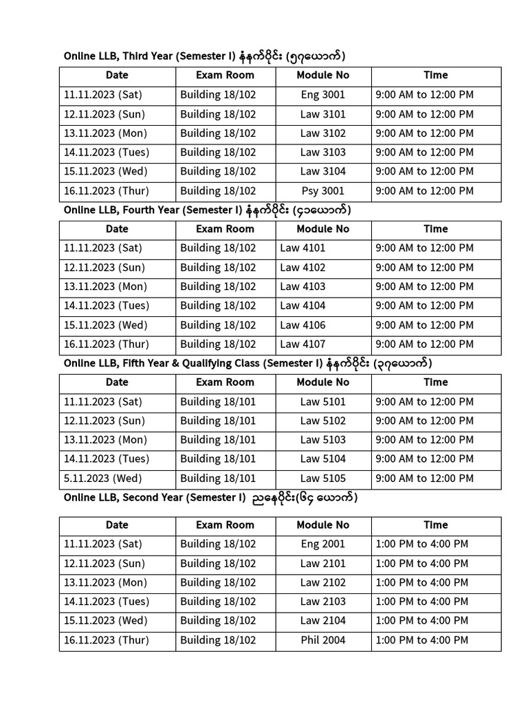 LLB Exam Timetable November 2023 | PDF | Qualifications | Legal Education