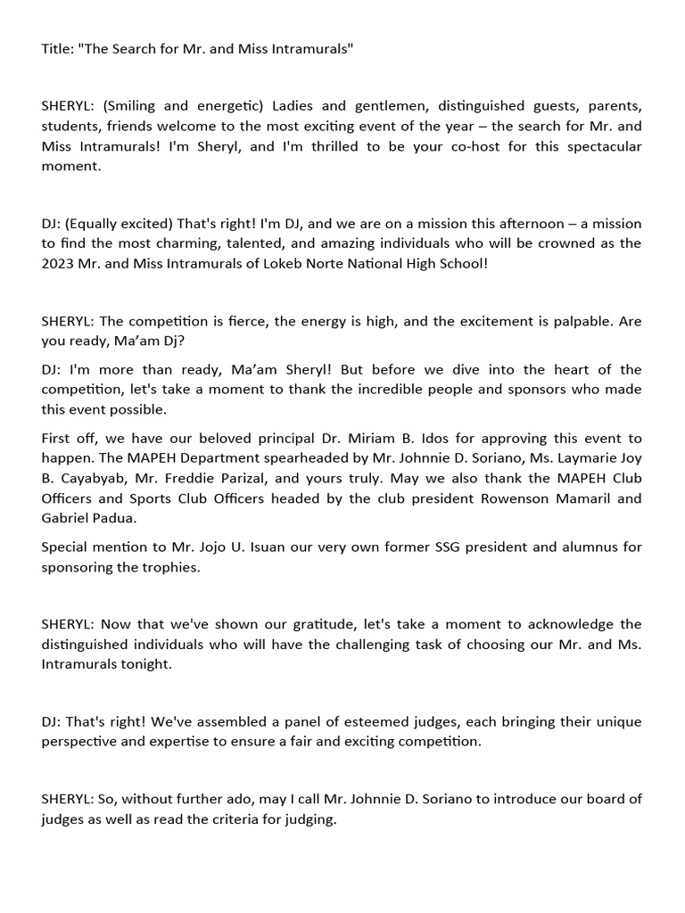 Mr And Ms Intrams 2023 Script Pdf