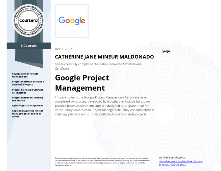 Google Project Management Certificate Completion | PDF