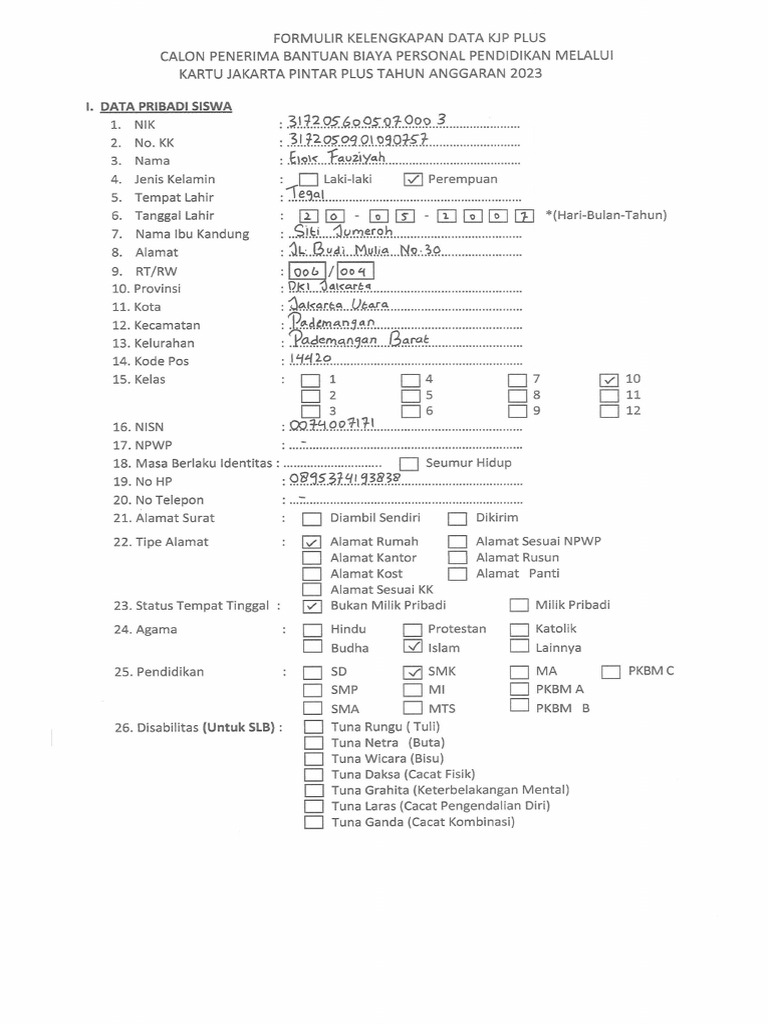 Formulir Kelengkapan Data KJP Plus | PDF