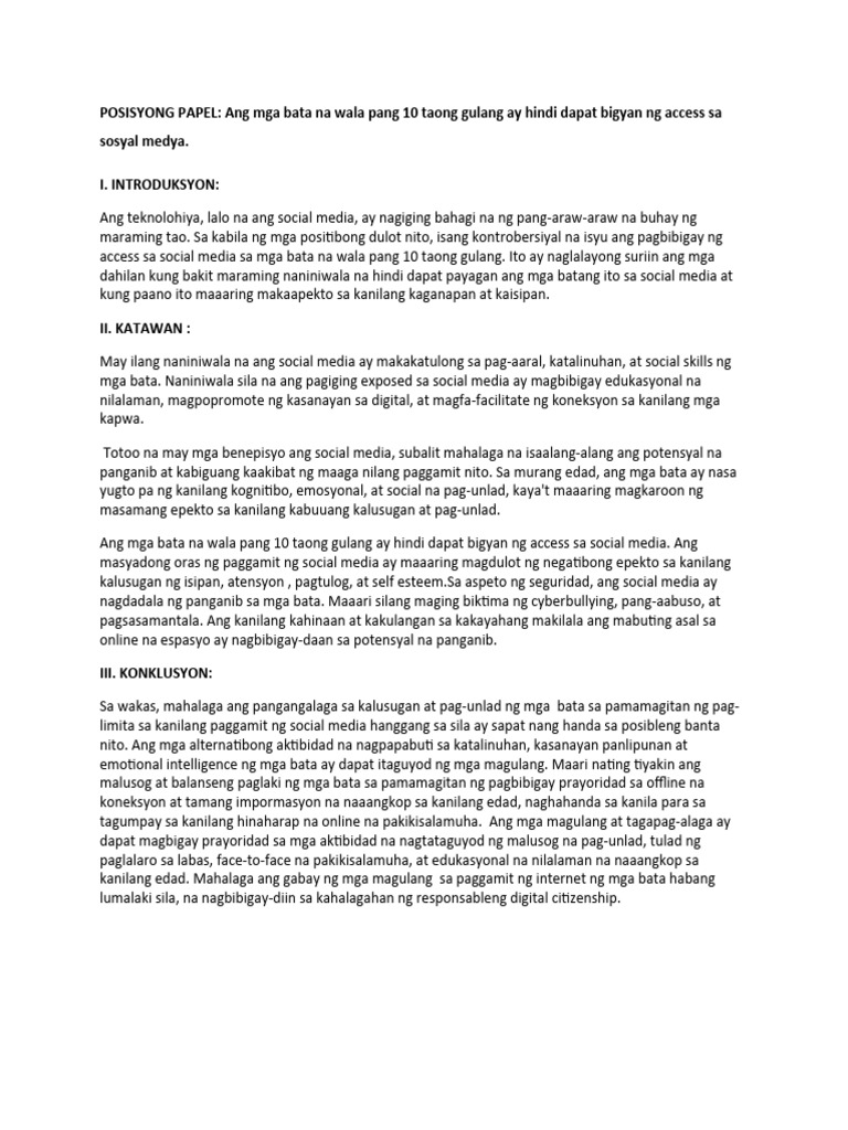 Ang Mga Bata Na Wala Pang 10 Taong Gulang Ay Hindi Dapat Bigyan NG Access Sa Sosyal Medya. | PDF