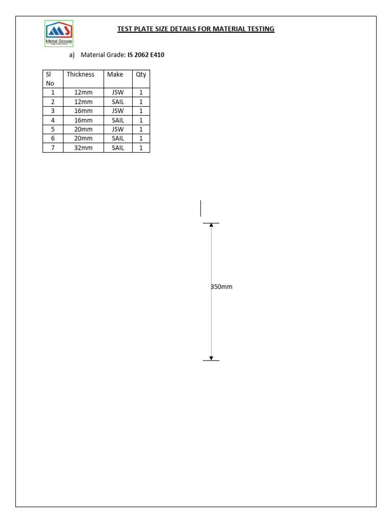 Test Plate Size Details for IS 2062 E410 | PDF | Technology & Engineering
