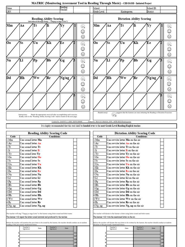 Reading Monitoring Tool ME Output Ver. 14 For Kindergarten | PDF