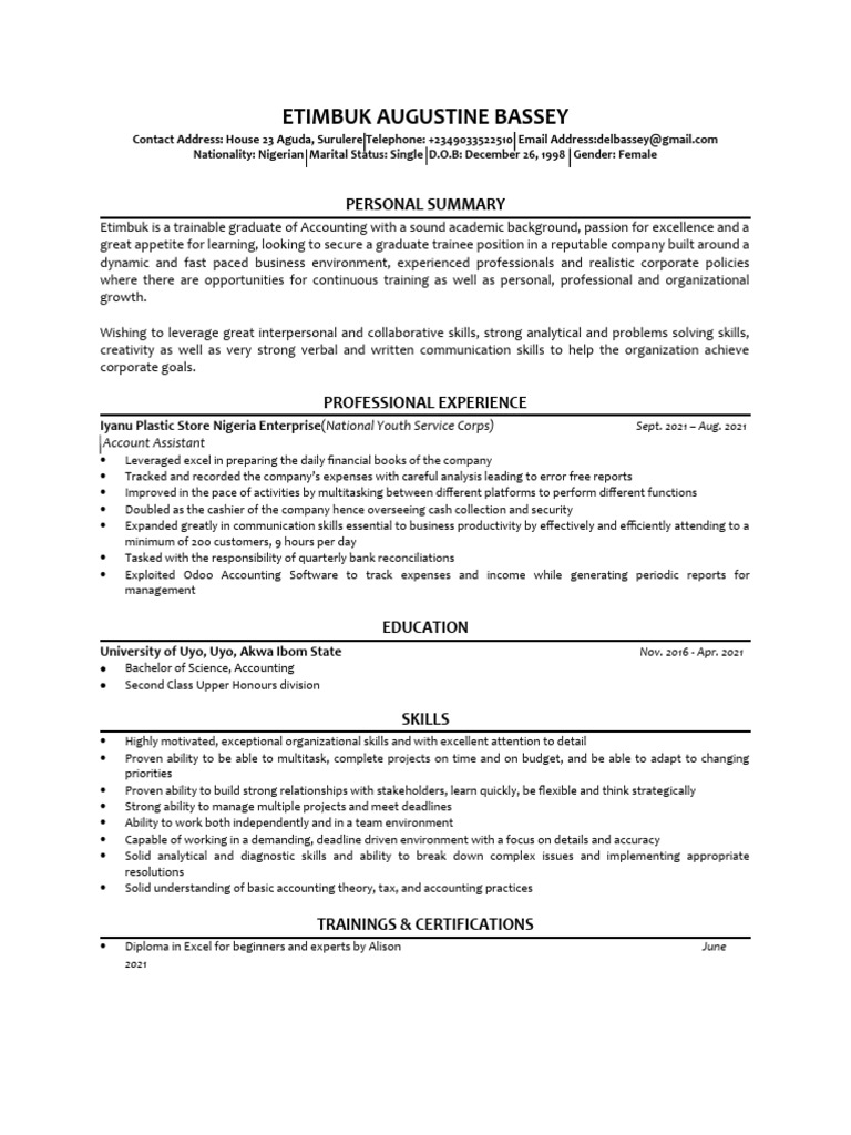 Etimbuk Augustine Bassey Resumé | PDF | Accounting | Communication