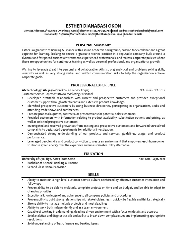 Esther Dianabasi Okon CV | PDF | Business | Cognition