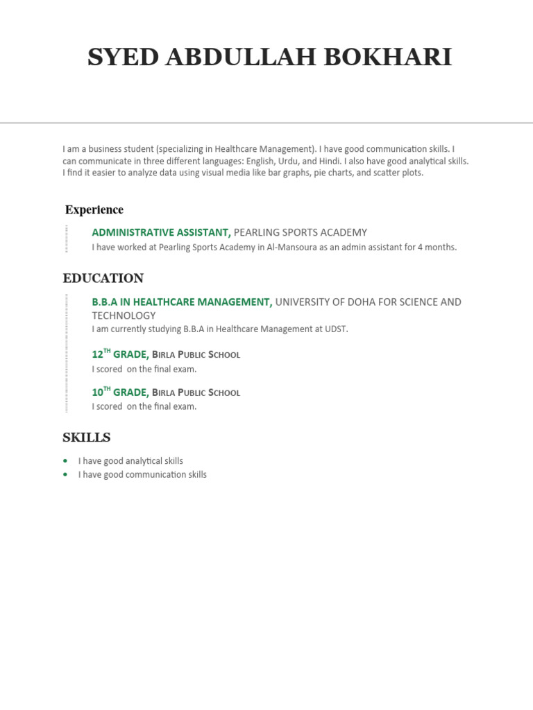 Syed Abdullah Bokhari: Experience | PDF | Self-Improvement