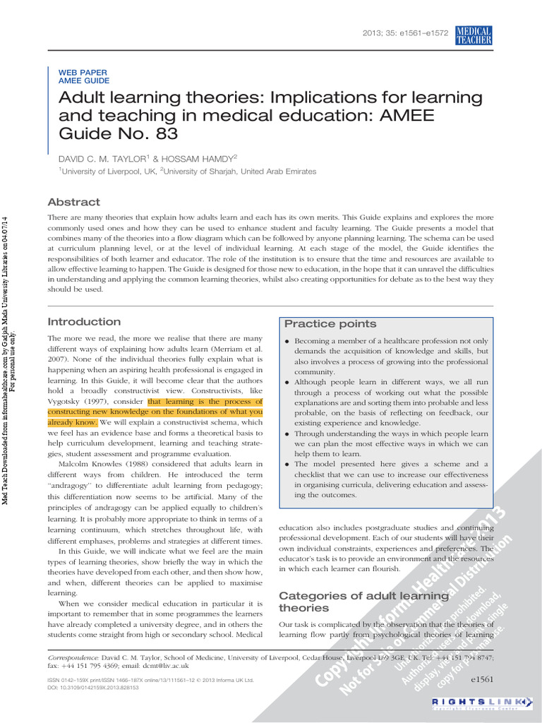 AMEE GUIDE 83 Adult Learning Theories Implications For Learning | PDF ...