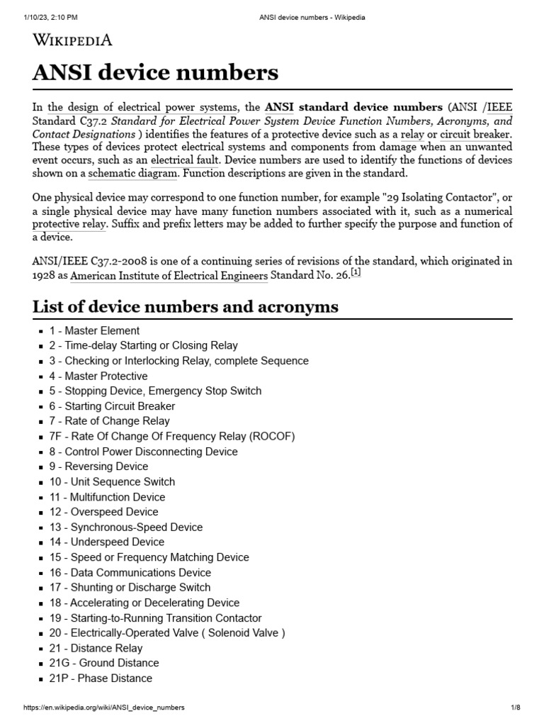 ANSI Device Numbers Overview | PDF | Relay | Electrical Components