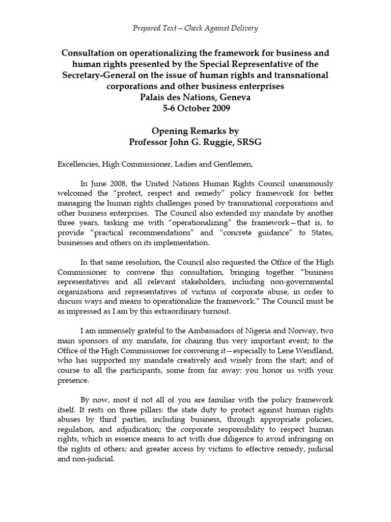 Opening Speech John Ruggie | PDF | Human Rights | Treaty