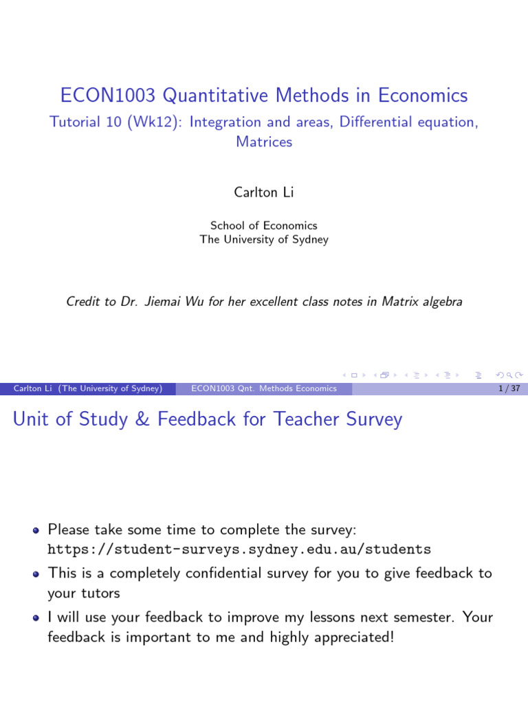 ECON1003 Tut10 2023s2 | PDF | Matrix (Mathematics) | Equations
