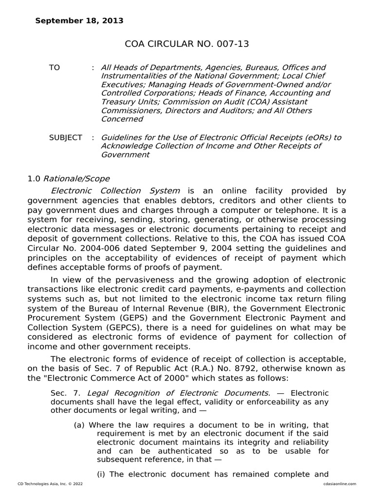 Guidelines For The Use of Electronic Official | PDF | Payments | Receipt