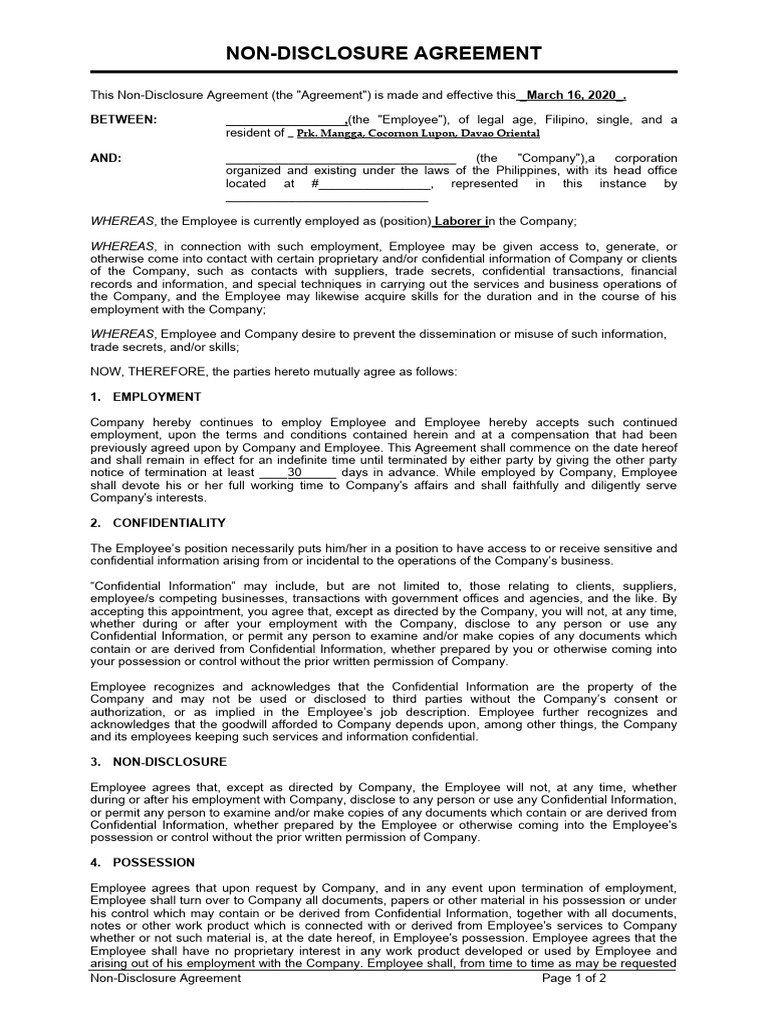 Non Disclosure Agreement Pdf Employment Confidentiality