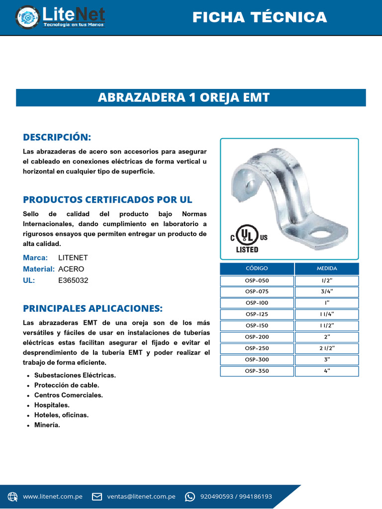 Ficha Tecnica - Abrazadera 1 Oreja Emt | PDF | Tornillo | Sector secundario de la economía