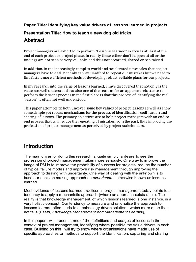 M Gray ROI From Lessons Learned Paper v2.0 | PDF | Project Management ...