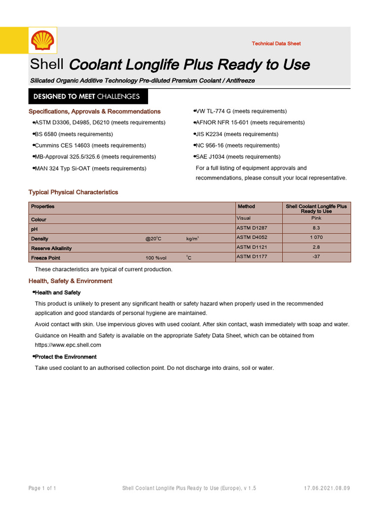Shell Coolant Longlife Plus Rtu TDS | PDF | Chemistry | Safety
