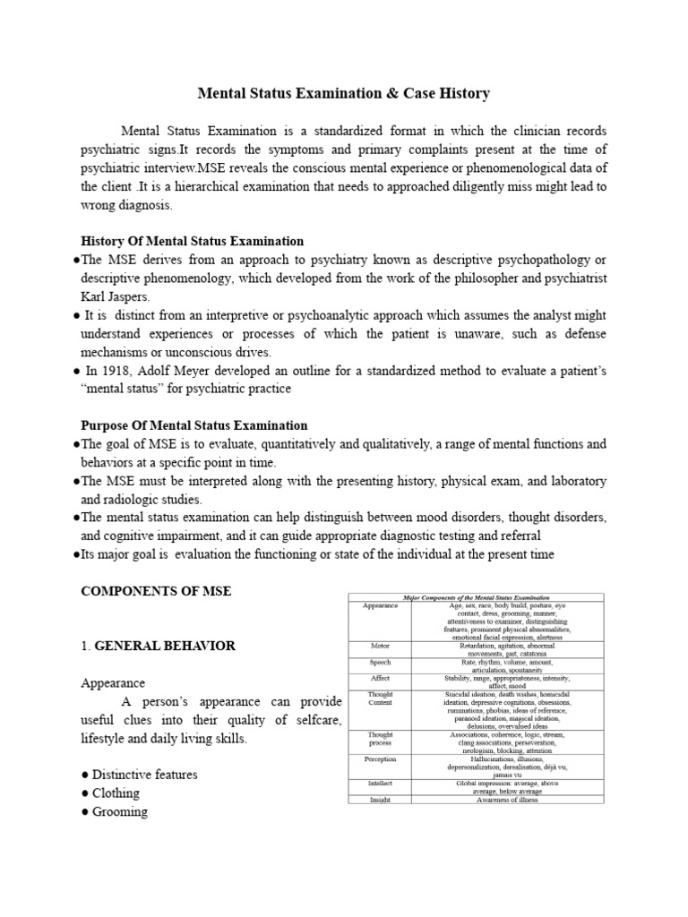 Mental Status Examination & Case History | PDF | Psychiatry | Medical ...