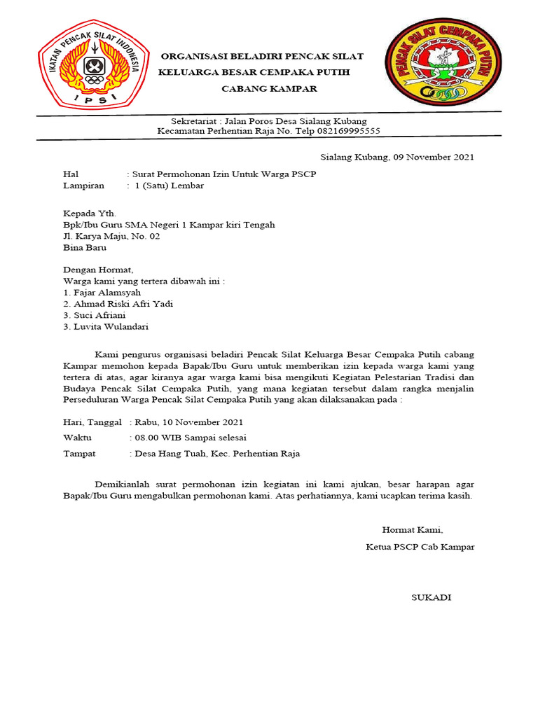 Surat Izin Beladiri PSCP | PDF