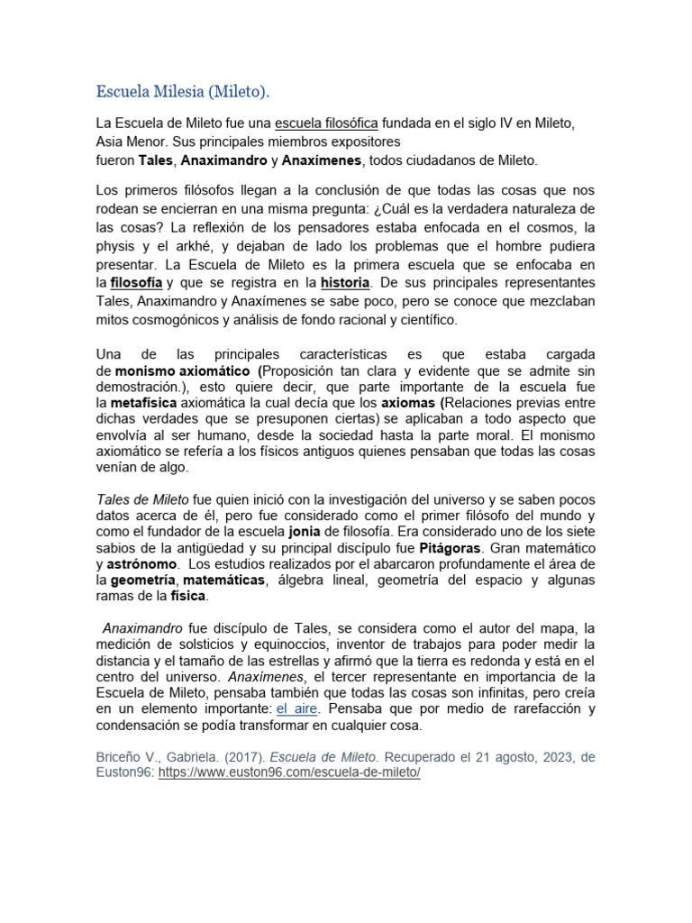 Escuela Milesia | PDF | Filosofía griega antigua | Filosofía antigua