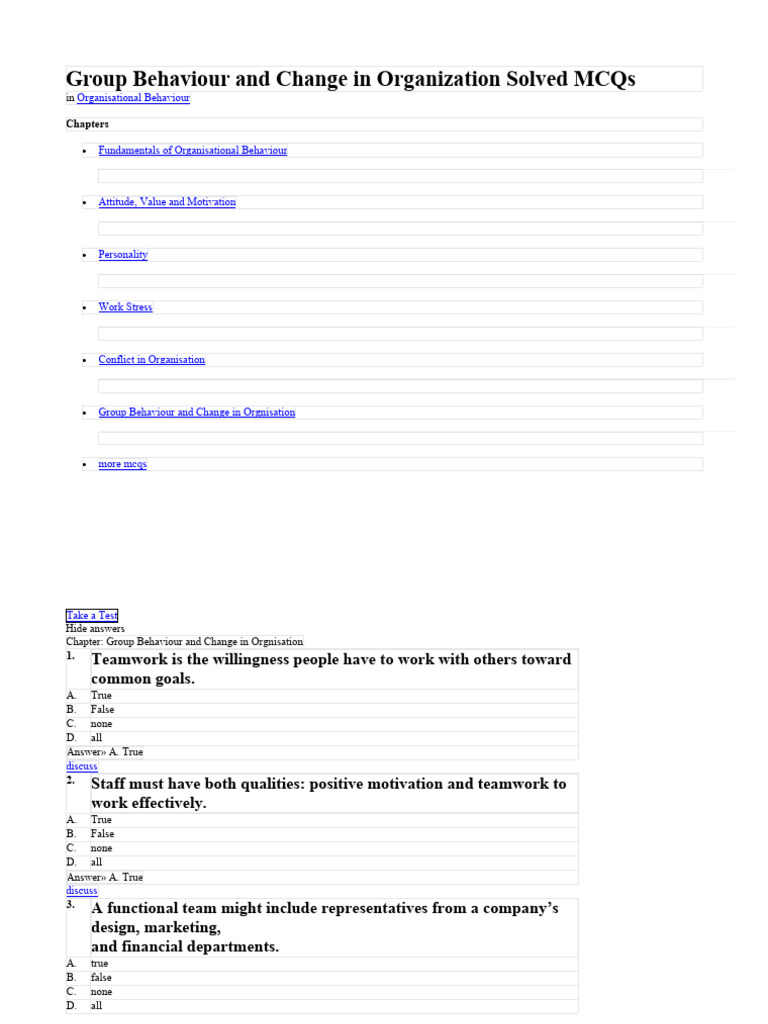 Group Behaviour and Change in Organization Solved MCQs | PDF ...