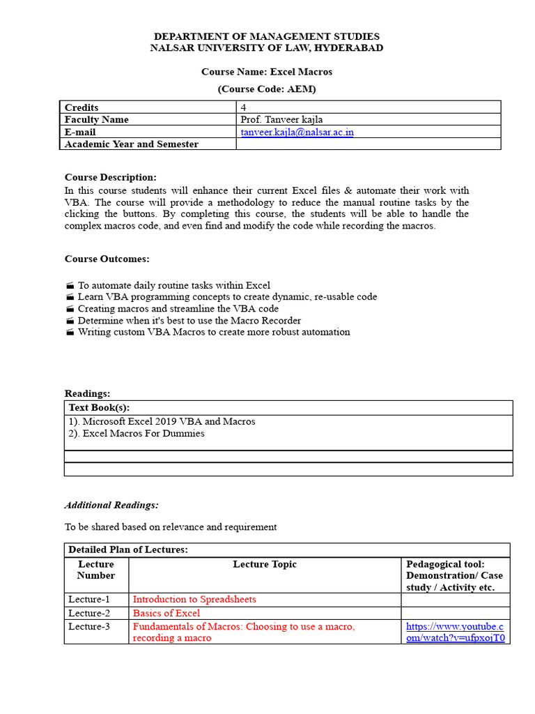 Excel Macros Course Outline - 2nd Draft | PDF | Microsoft Excel | Visual Basic For Applications