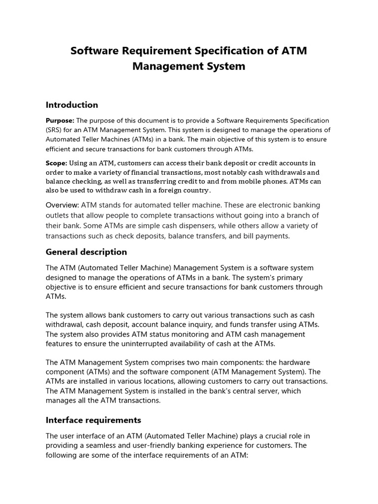 Software Requirement Specification of ATM Management System | PDF | Automated Teller Machine | Cash