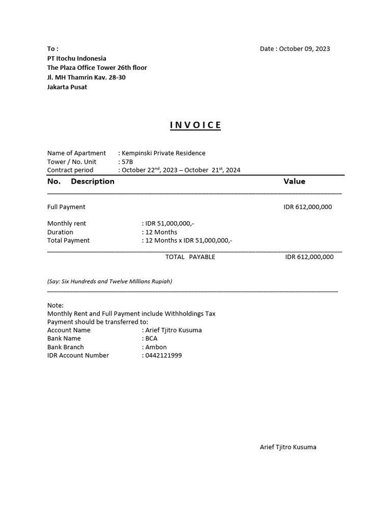 Invoice For Full Rental - Final Second Amandment Second Payment Period | PDF | Finance & Money ...