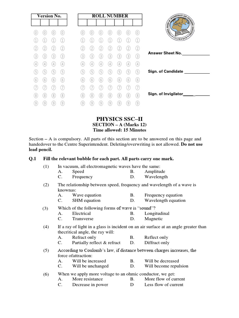 SSC-II Physics Model Question Paper | PDF | Waves | Optics