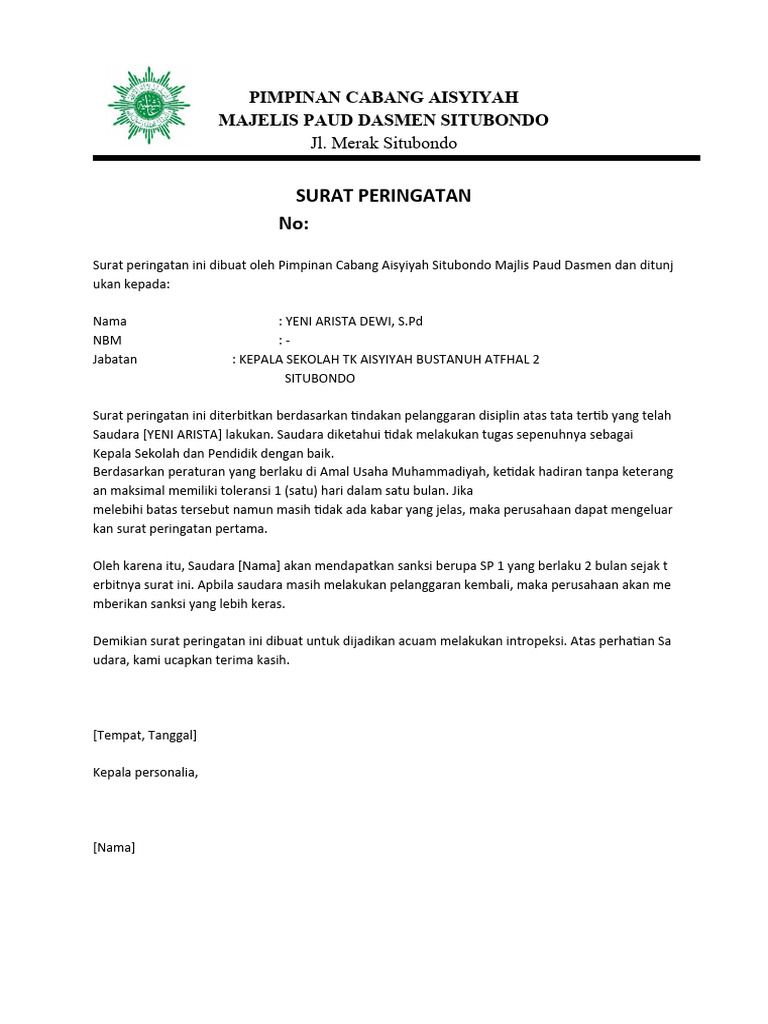 Contoh Surat Peringatan Karyawan Teguran | PDF