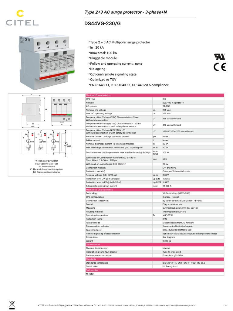 Citel 2CP 202310en DS44VG-230 G | PDF | Alternating Current | Fuse (Electrical)