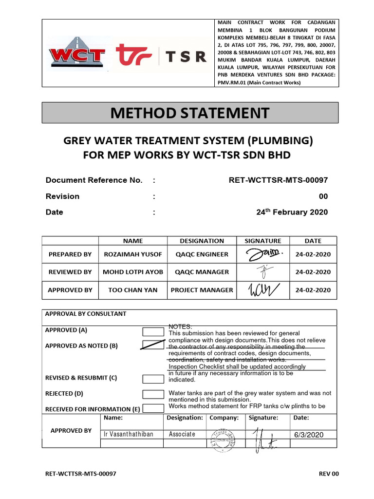 Grey Water Treatment System Method Statement | PDF | Water Purification ...