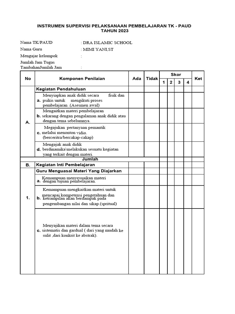Supervisi Pembelajaran TK-PAUD | PDF | Karier & Perkembangan ...
