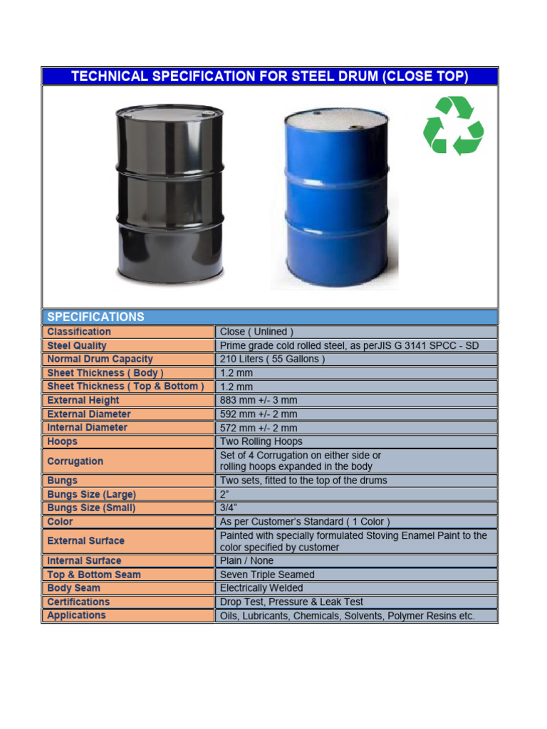 Drum Data Sheet | PDF | Paint | Sheet Metal