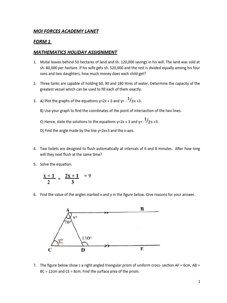 Form 1 Math Holiday Assignment | PDF | Equations | Mathematics