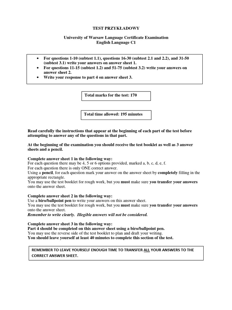 TEST PRZYKŁADOWY. University of Warsaw Language Certificate Examination ...