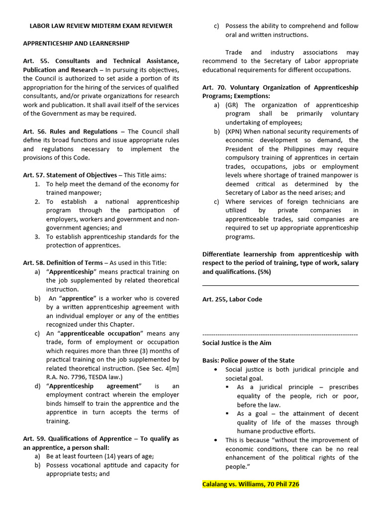 Labor Law Review (Midterms) Reviewer | PDF | Apprenticeship | Employment