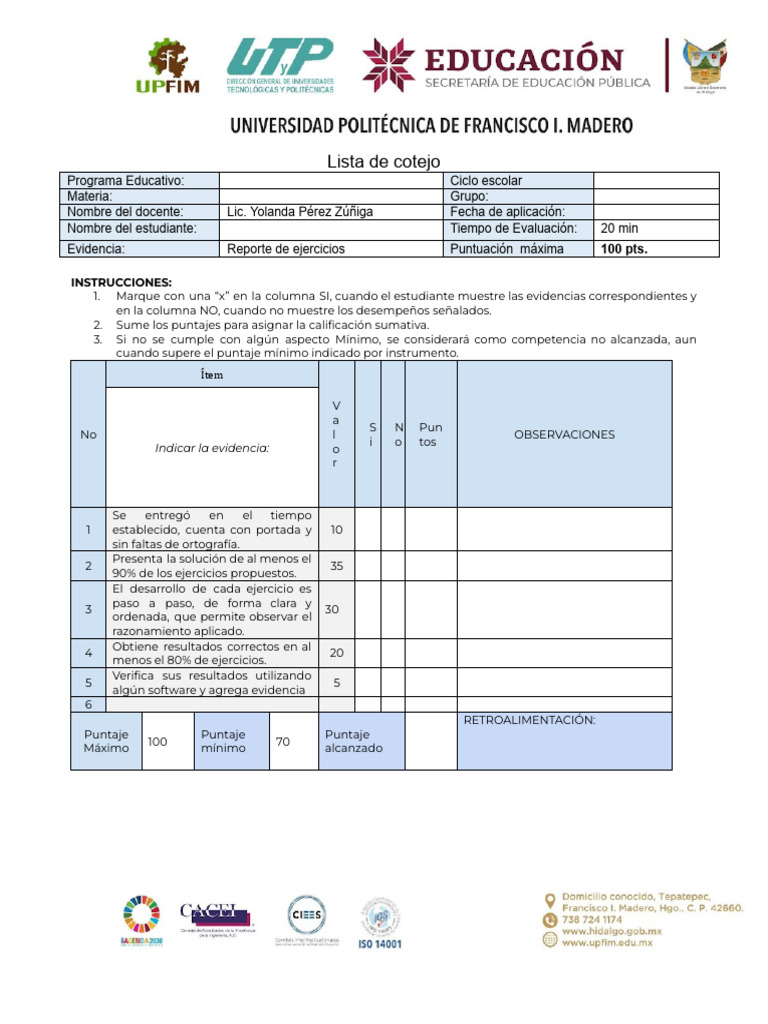 Lista de Cotejo-Reporte de Ejercicios-2 | PDF